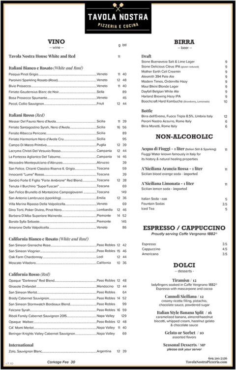 Drink Menu - Tavola Nostra Pizzeria E Cucina | Hillcrest Italian ...